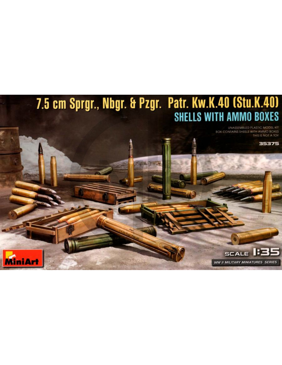 7.5cm Sprgr, Nbgr, & Pzgr. Patr. Kw.K.40 (Stu.K.40) shells with ammo boxes